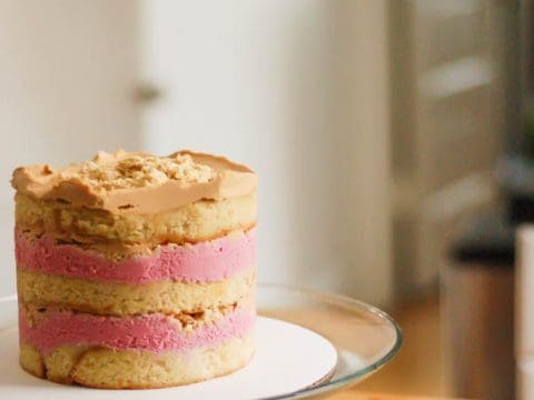 Brown Butter Cake with Cranberry Curd Orange Cardamom Crumbs and Biscoff Frosting a la Momofuku