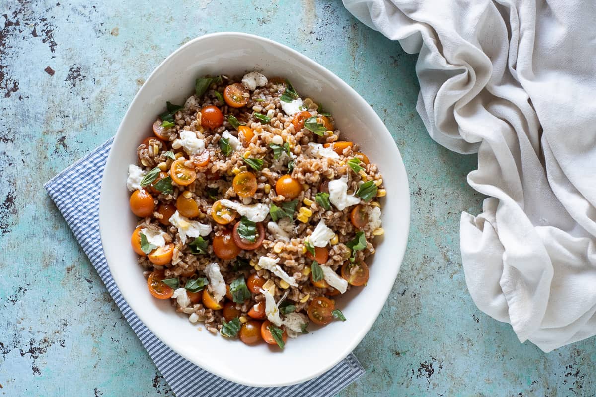 Corn and Tomato Farro Salad with Fresh Mozzarella - Blossom to Stem